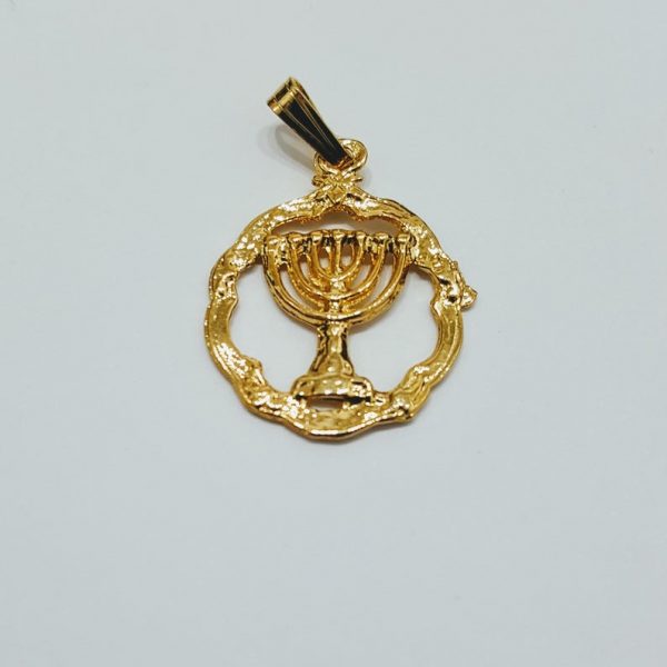 14k solid Gold, Menorah pendant, round frame 7 lamp, Israel jewelry ...